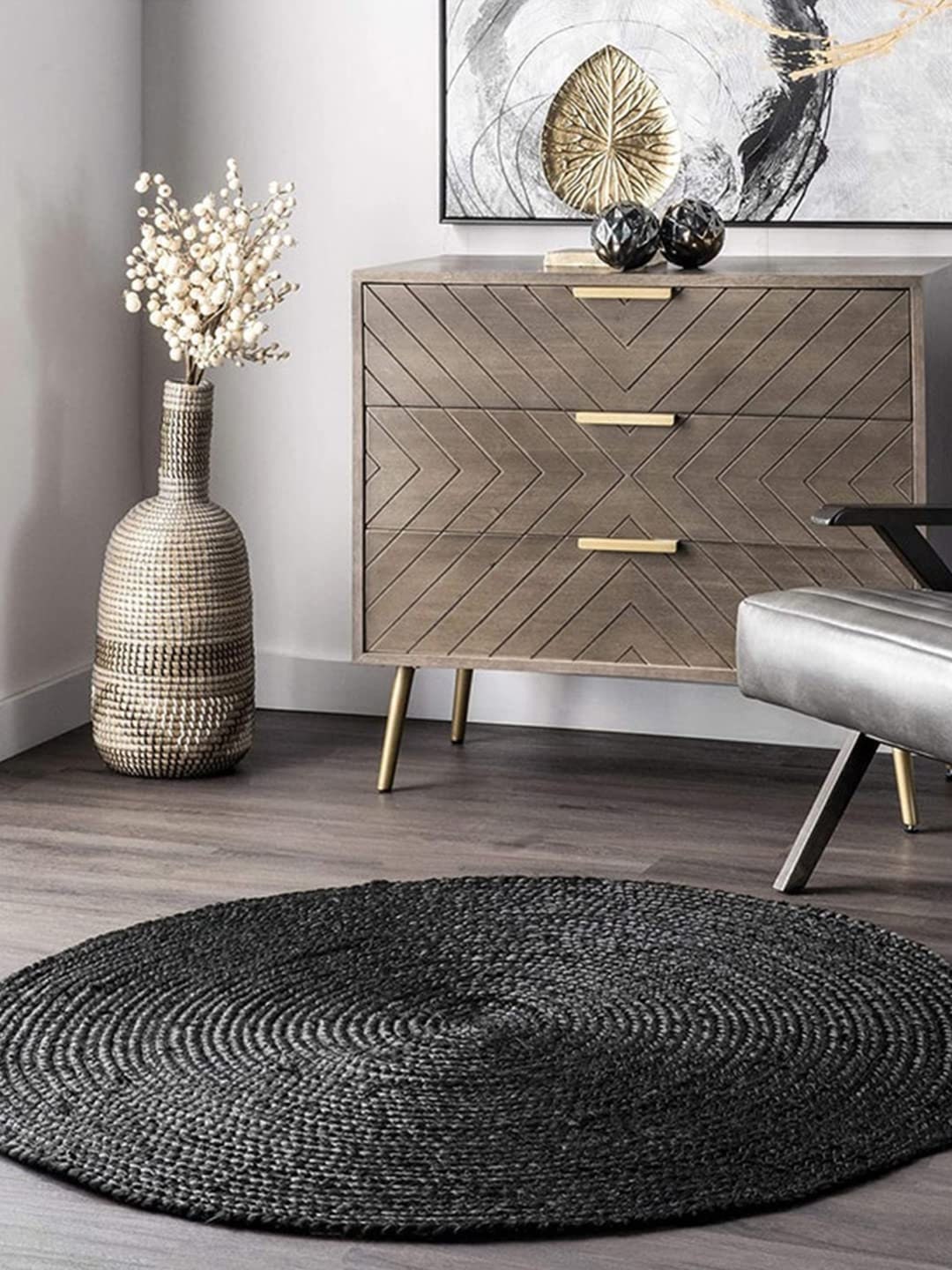 100% Genuine Black Jute Rug Round Braided Area Rug/floor Rug - Etsy