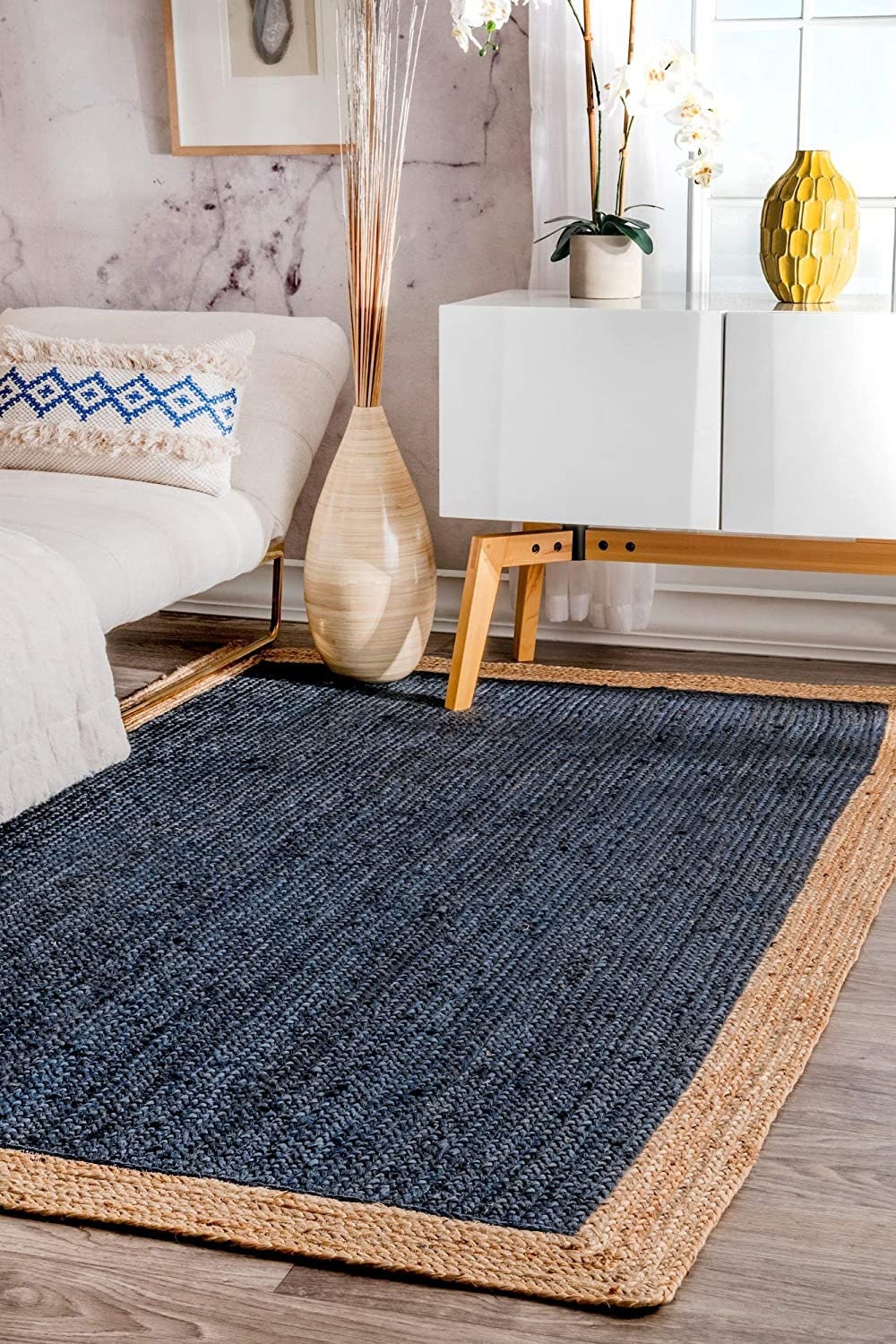 Genuine Blue Jute Rug With Beige Border, Rectangle Braided Large Area ...