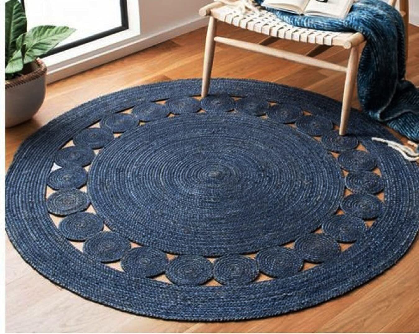 100% Genuine Blue Jute Rug Round Braided Area Rug/floor Rug - Etsy