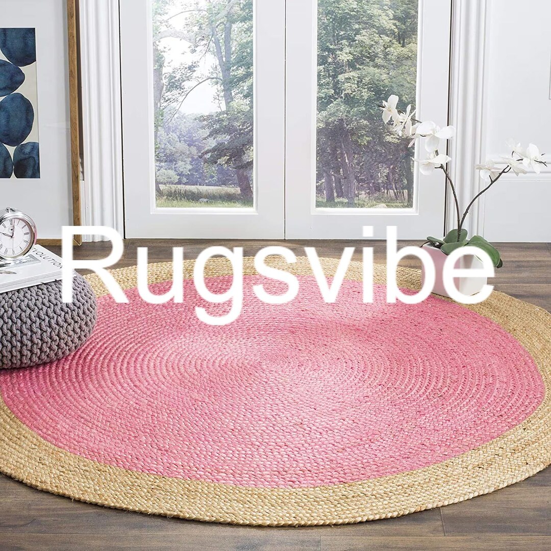 Pink Jute Rug With Beige Border, Round Braided Large Area Rugs/ Jute ...