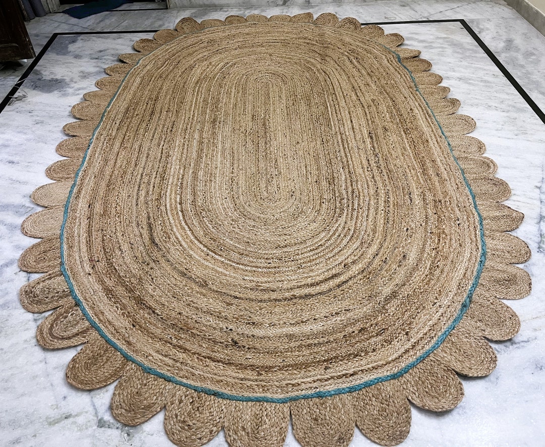 100% Natural Brown Oval Braided Jute Rug With Blue Border, Scalloped ...