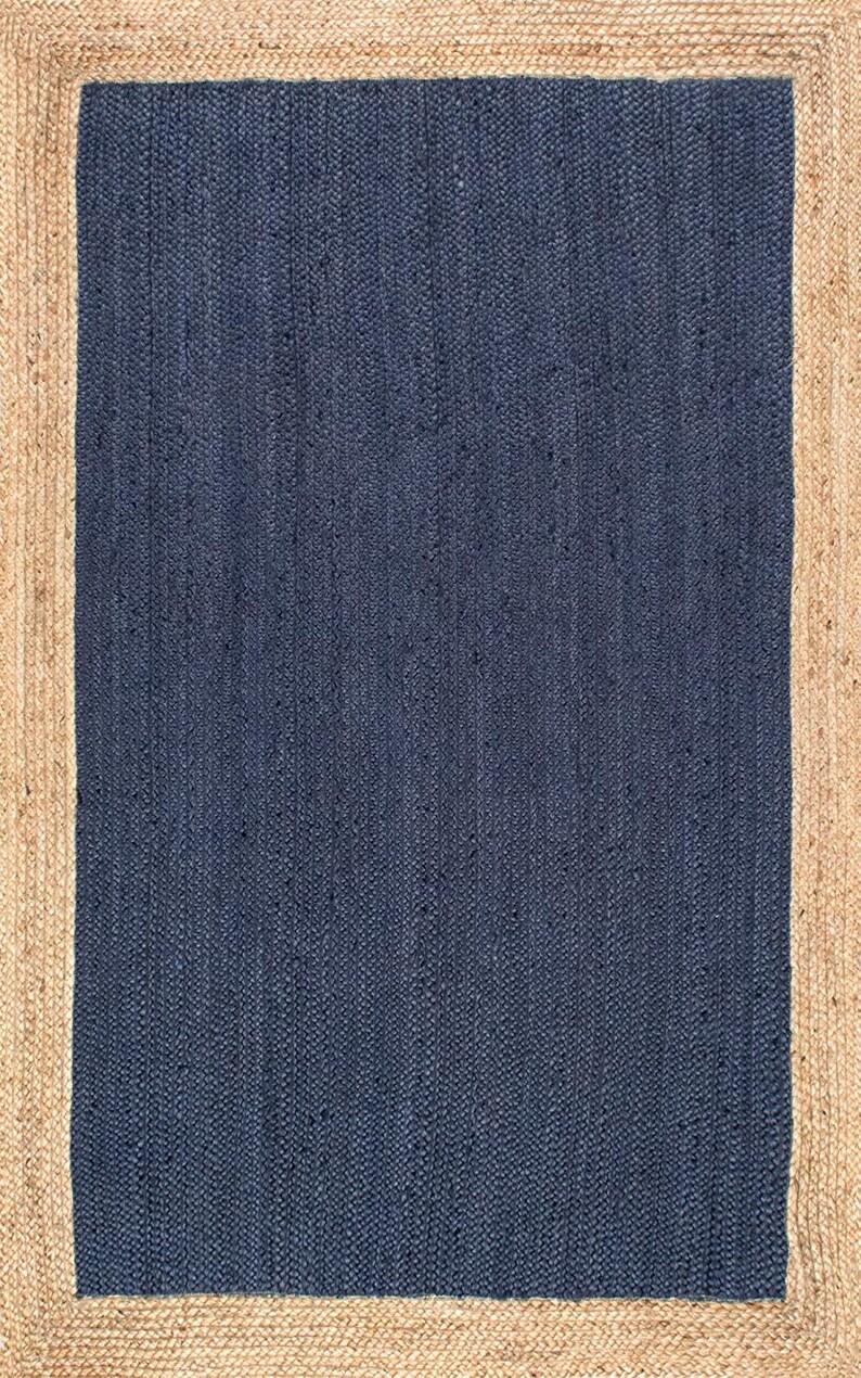 Genuine Blue Jute Rug With Beige Border, Rectangle Braided Large Area ...