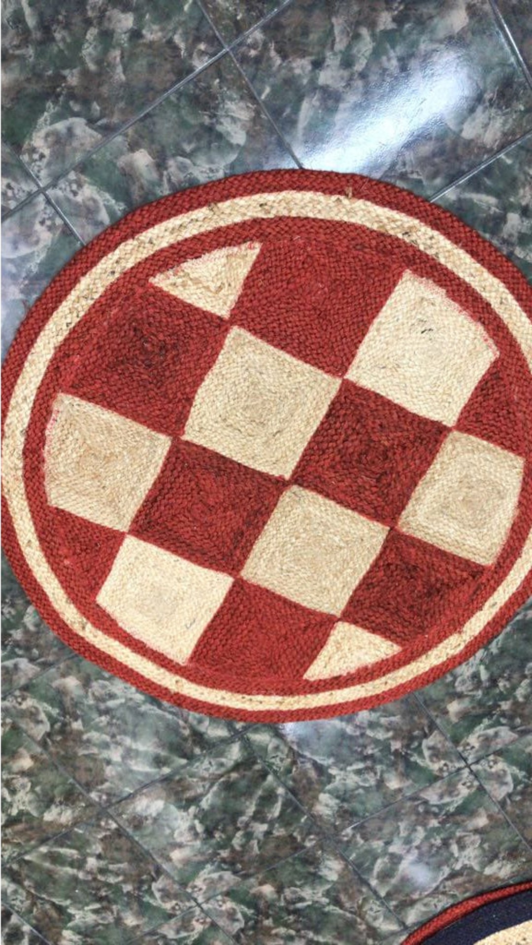 Red and Brown Checkered Jute Rug, Round Braided Area Rugs for Bedroom ...