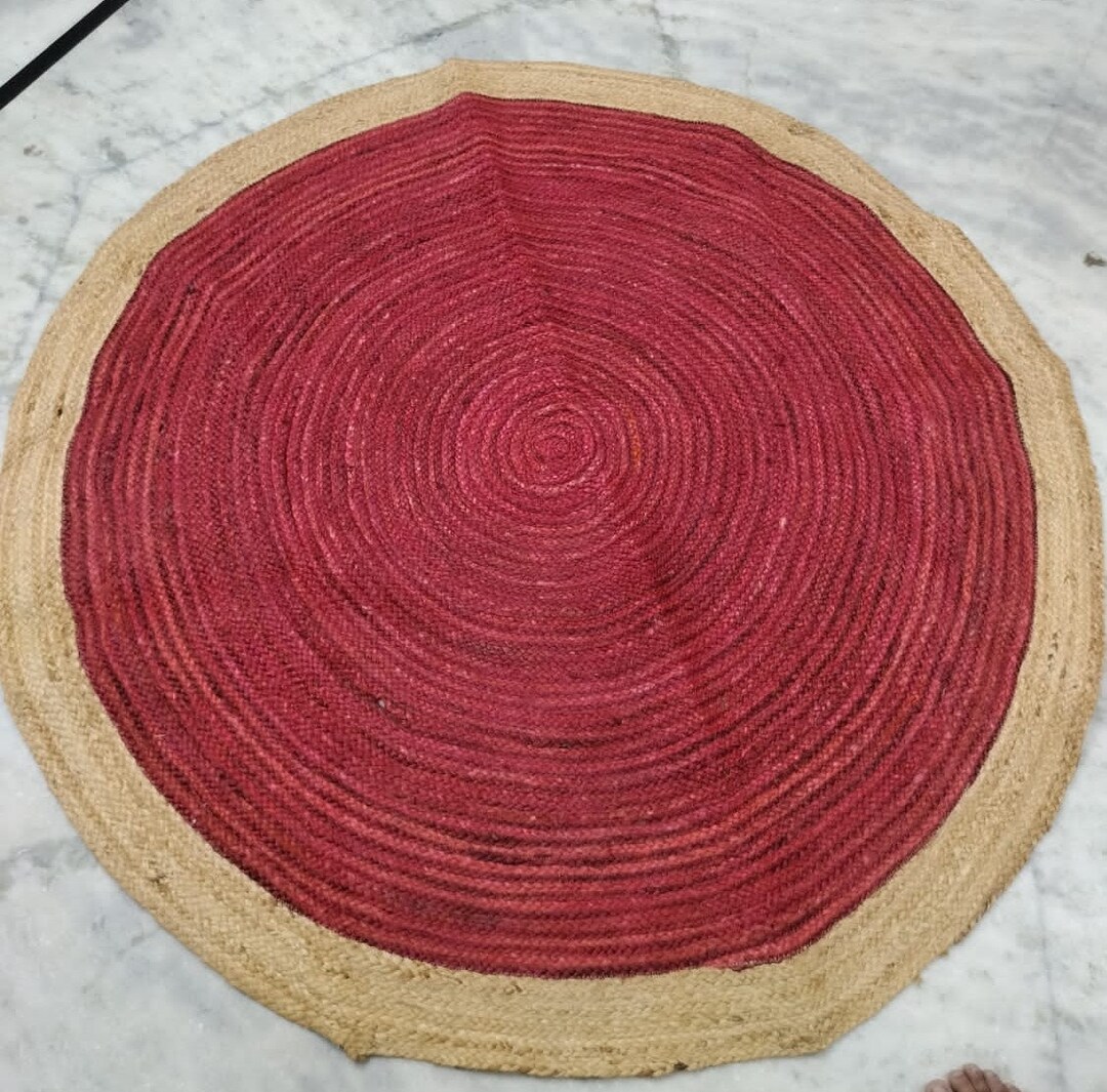100% Genuine Red Jute Rug With Beige Border, Round Braided Area Rug ...