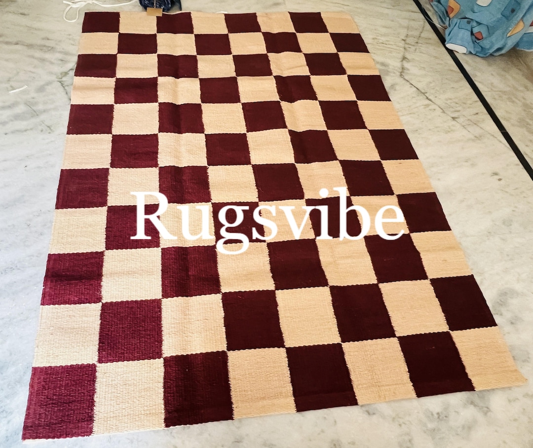 Checkered Jute Rug: Red and Brown Braided Bohemian Rug - Etsy