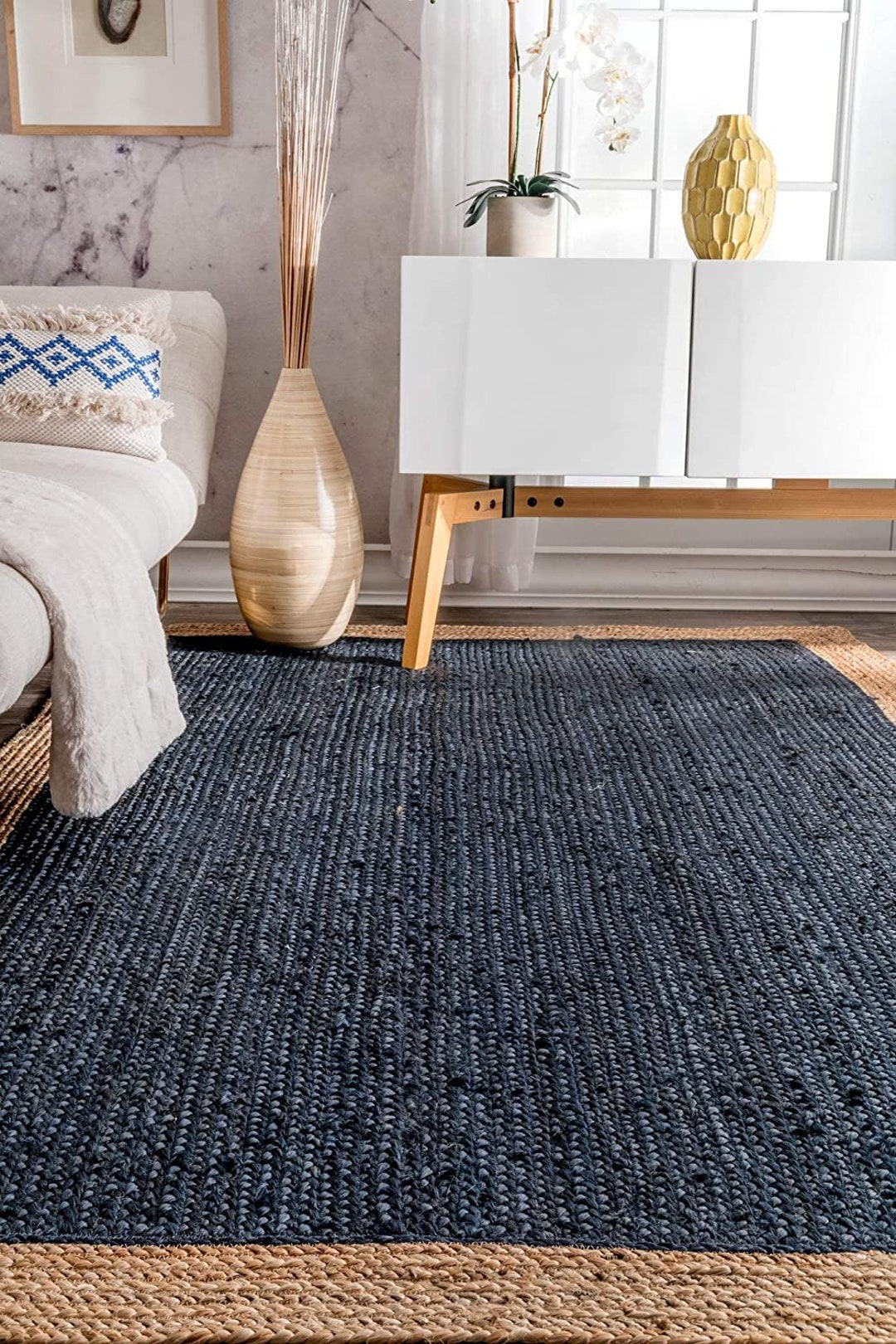 Genuine Blue Jute Rug With Beige Border, Rectangle Braided Large Area ...