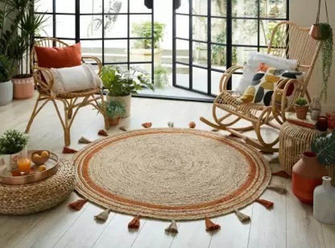 100% Genuine Brown Jute Rug With Orange Border, Round Braided Area Rug ...