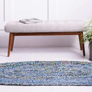 100% Natural Denim and Cotton Mix Fiber Rug, Blue Braided Area Oval Rug ...