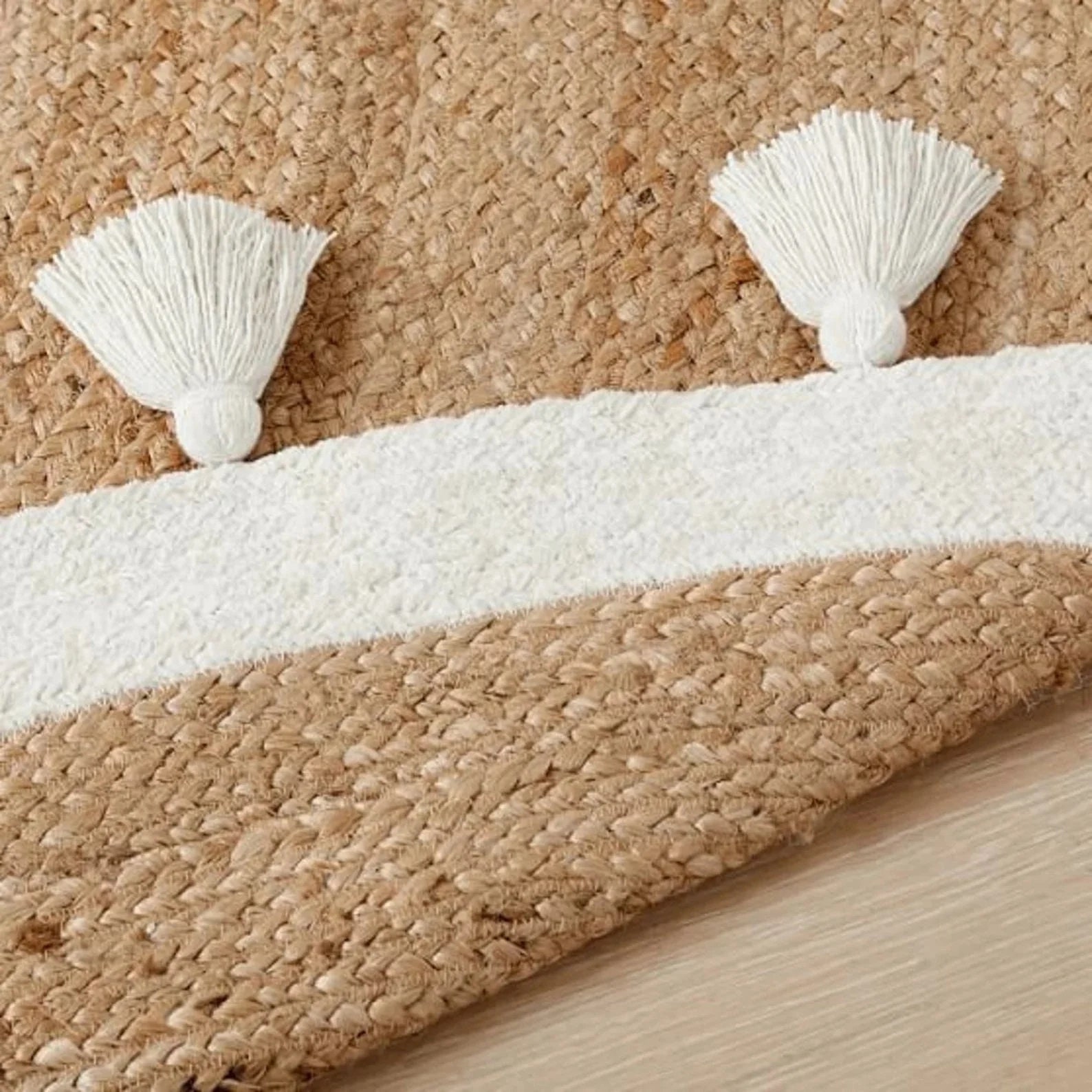 Round Brown Jute Rug With White Tassel, Braided Area Rug for Bedroom ...