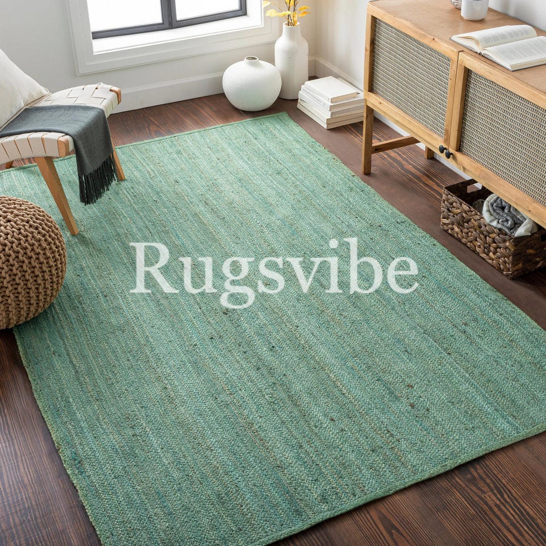 Handwoven Green Jute Rug: Rectangle Braided Boho Area Rug,valentine's ...