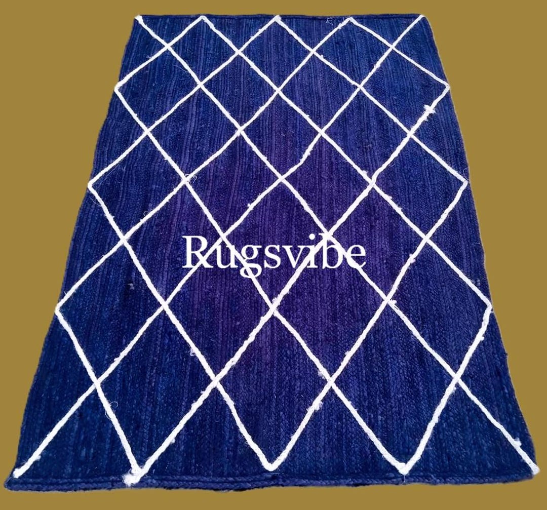 Blue Rug With White Cross Weaving Border for Bedroom, Livingroom ...