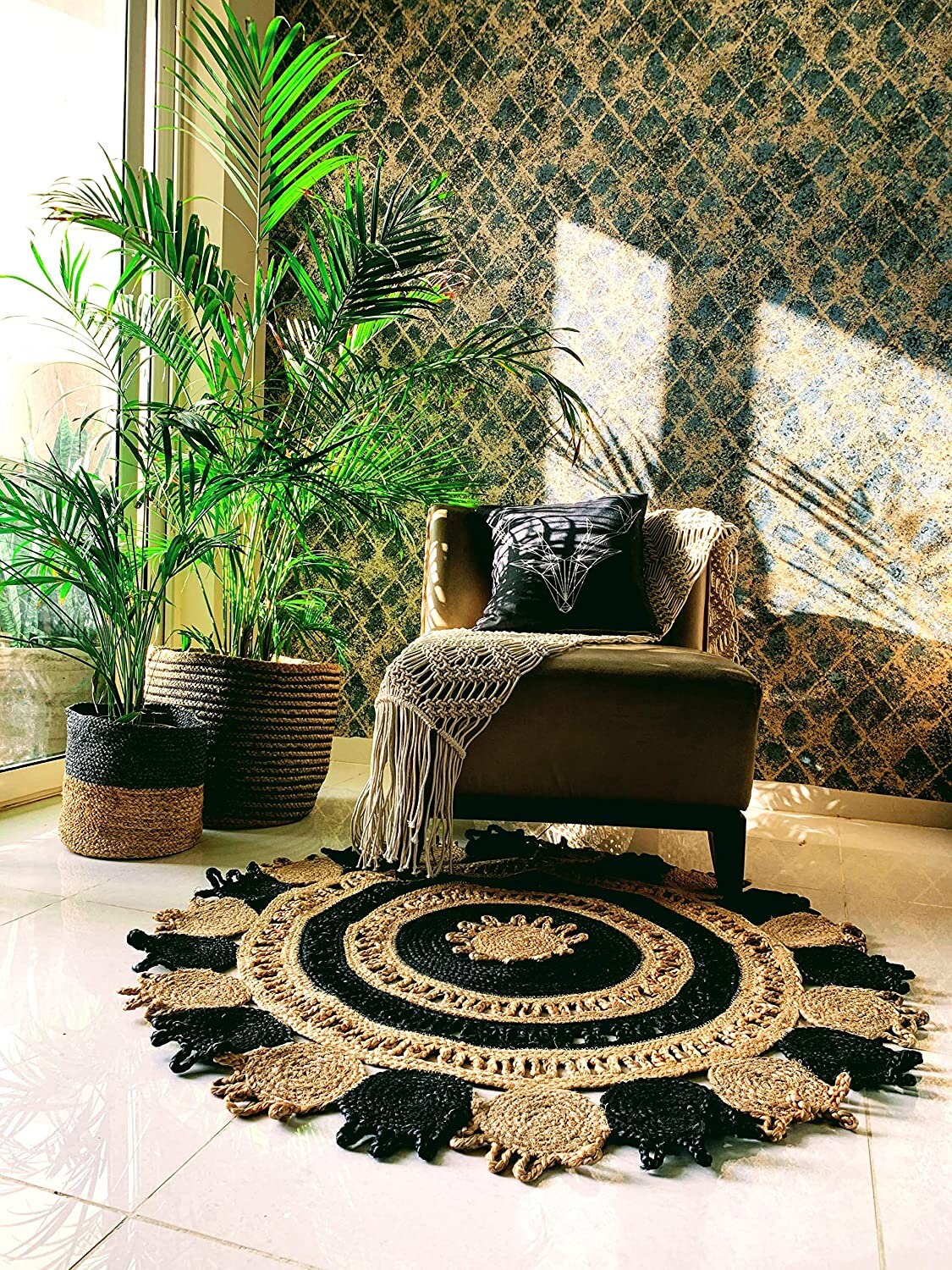Round Black and Brown Jute Rug for Home - Etsy