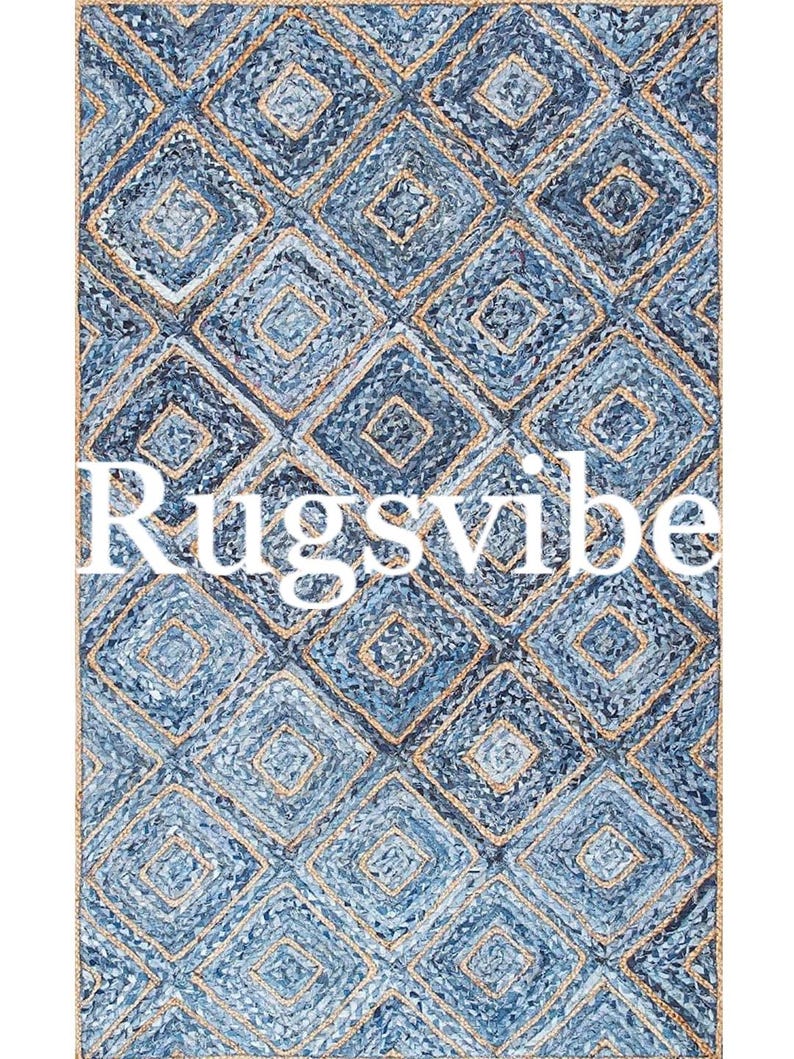 Handwoven Blue Denim Jute Rug: Bohemian Diamond Area Rug - Etsy Australia