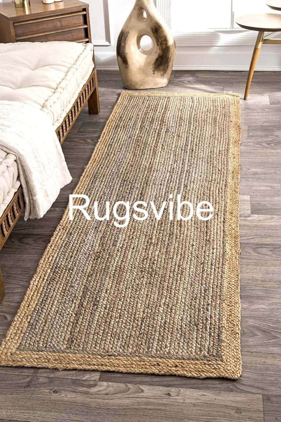 Natural Jute Runner Runner Rug With Brown Border, Braided Area Rustic ...