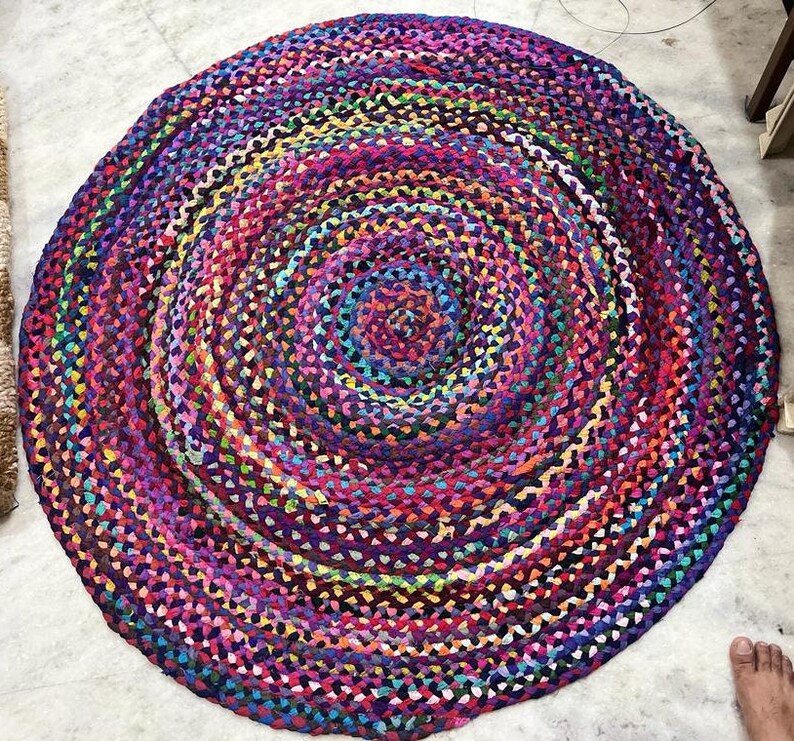 Round Cotton Rag Rug, Purple Mix Cotton Chindi Braided Area Rug/carpet ...