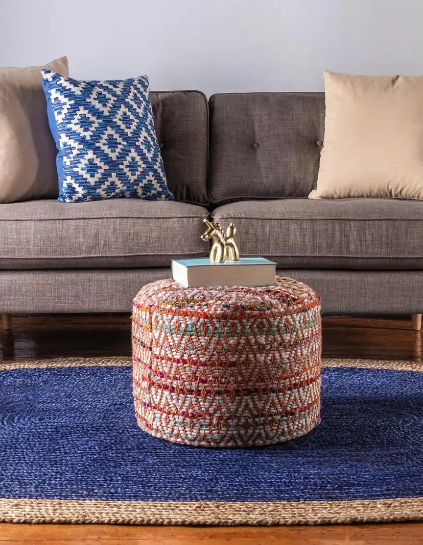 100% Natural Navy Blue Jute Rug With Brown Border, Oval Braided Area ...