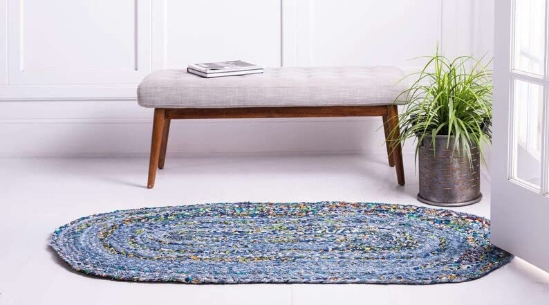 100% Natural Denim and Cotton Mix Fiber Rug Blue Braided Area - Etsy