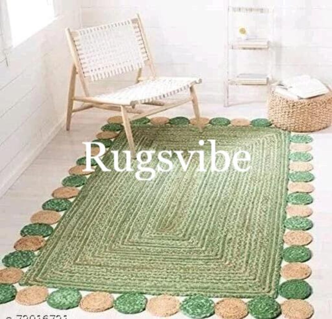 Scalloped Jute Rug, Green Braided Jute Cotton Mix Area Rugs for Home ...