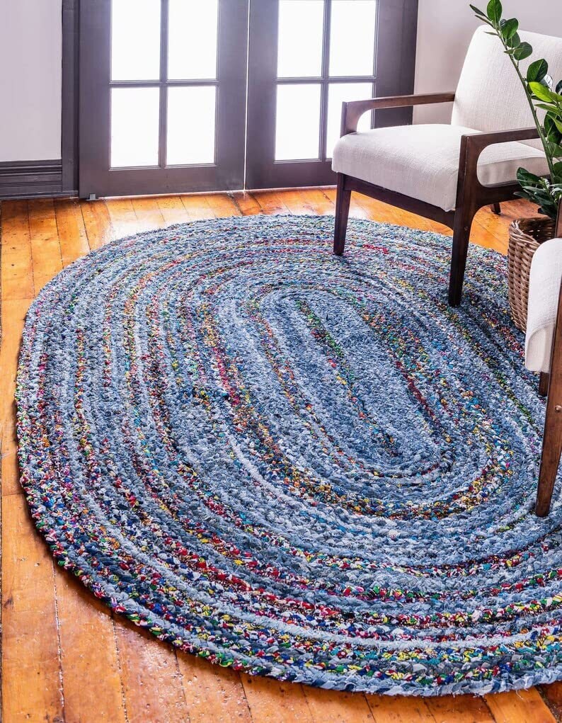 100% Natural Denim and Cotton Mix Fiber Rug, Blue Braided Area Oval Rug ...