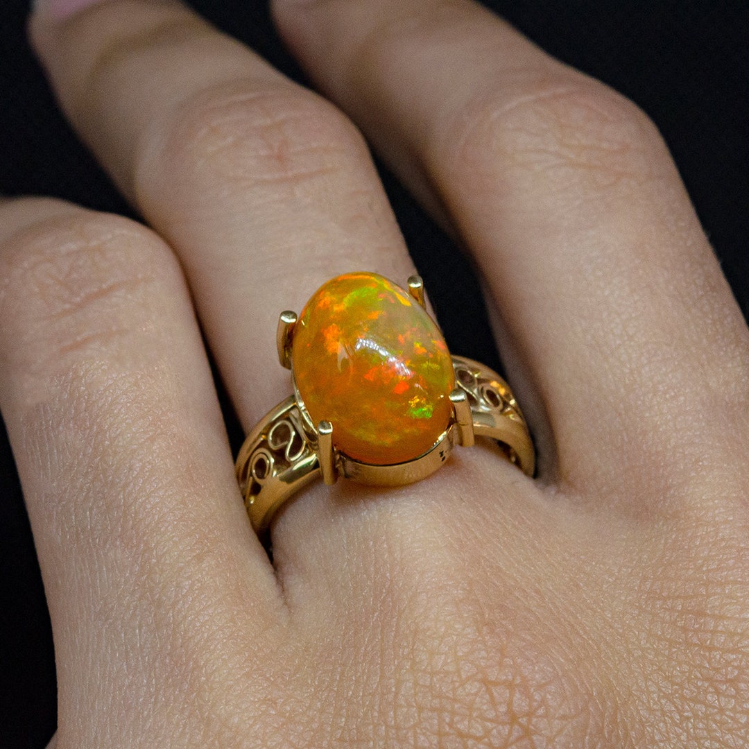 Fire Opal Gold Ring for Woman, Fire Opal Filigree Gold Ring, Minimalist ...