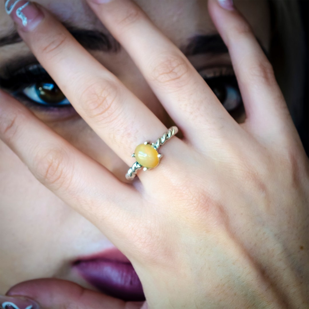 Mexican Fire Opal Silver Ring Minimalist October Birthstone Ring ...