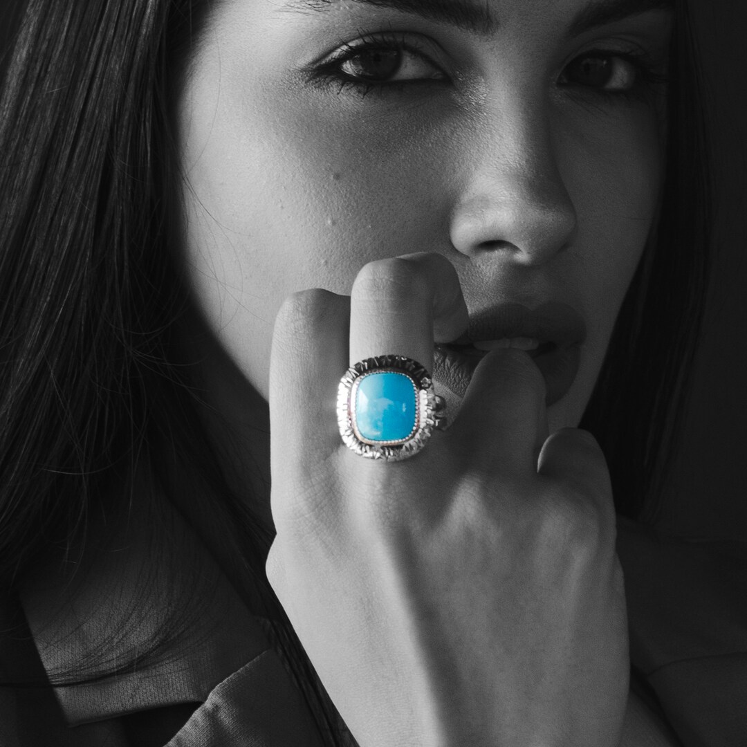 Turquoise Silver Ring, Turquoise Fretwork Ring, Turquoise Mexican ...