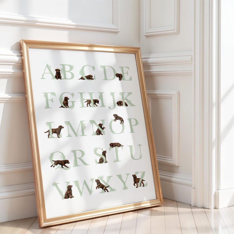 CHOCOLATE LAB Sage Green Alphabet Poster, Brown Labrador Puppy Nursery ...
