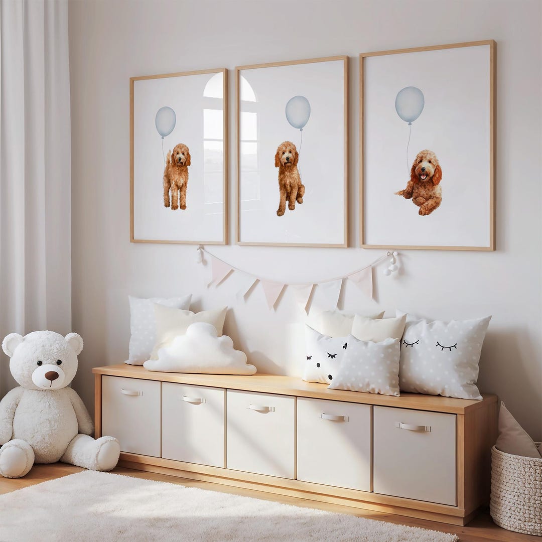 RED GOLDENDOODLE Nursery Decor | Doodle Dog Art With Blue Balloons Baby ...