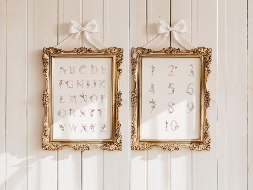 Pink Wildflower Alphabet & Number Poster Set of 2, Floral ABC 123 ...