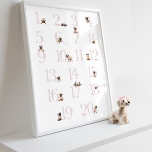 FAWN PUG Numbers Poster With Pastel Pink Watercolour Numbers. Puppy ...