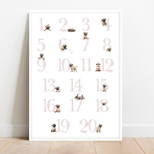 FAWN PUG Numbers Poster With Pastel Pink Watercolour Numbers. Puppy ...