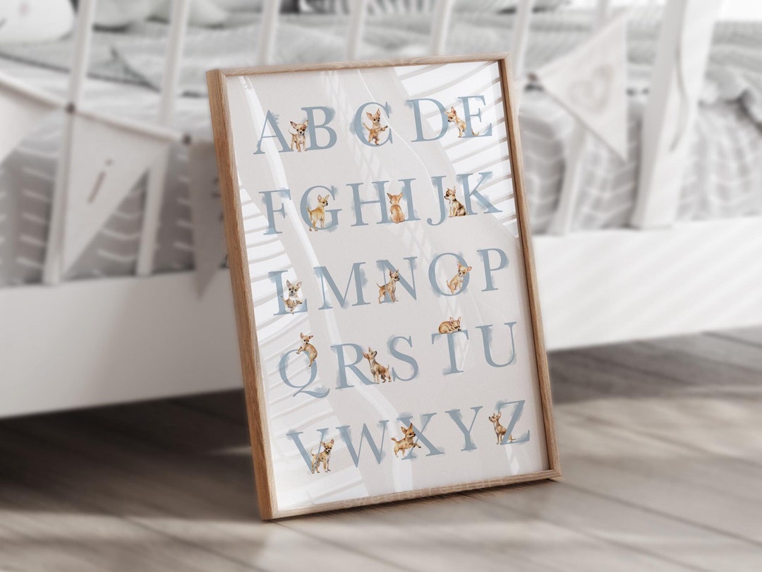 FAWN CHIHUAHUA Alphabet Poster Pastel Blue Watercolor Letters Puppy ...