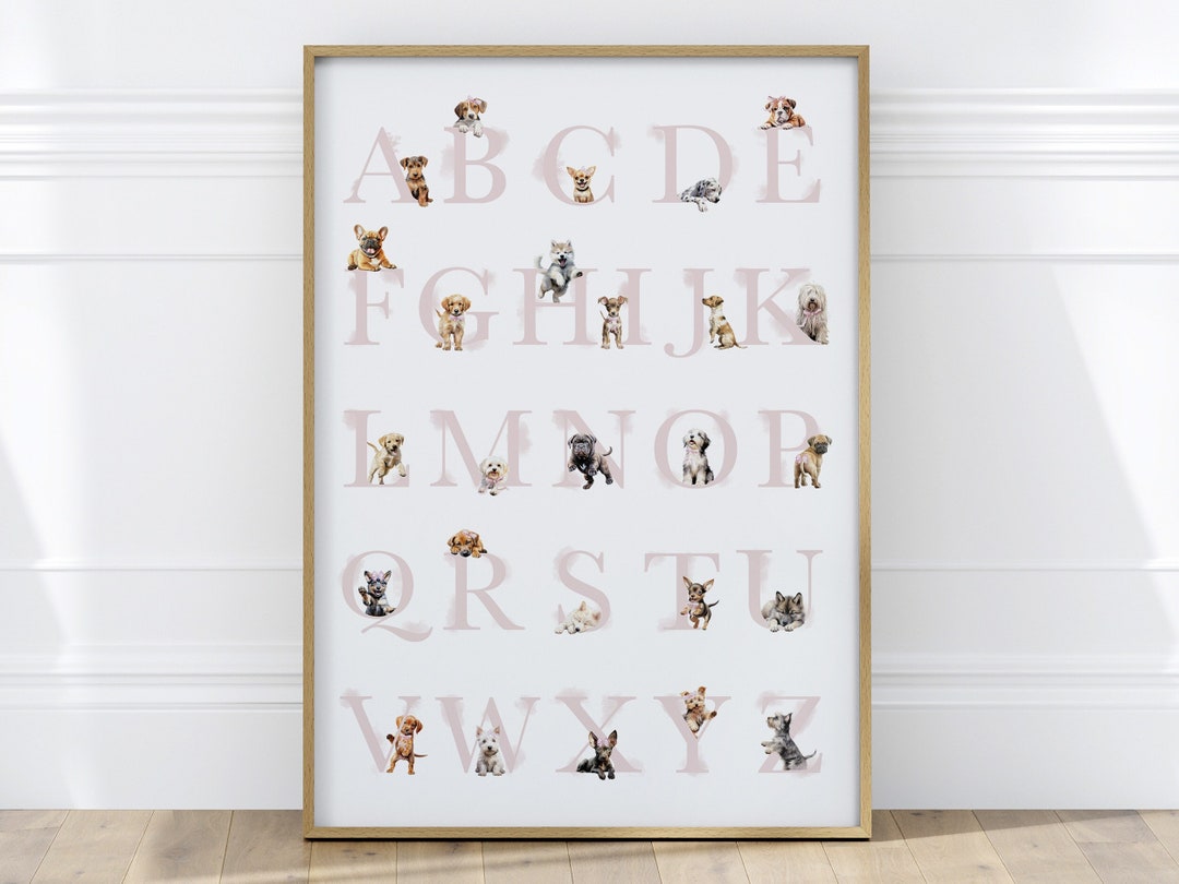 Dog ALPHABET POSTER With Puppies and Pastel Pink Bows | Puppy Nursery ...