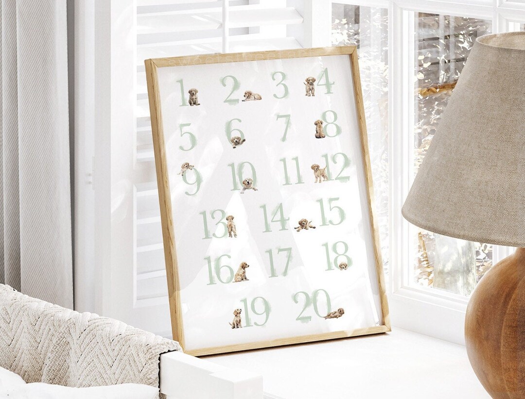GOLDEN RETRIEVER Nursery Art | Puppy Dog Number Poster | Sage Green ...