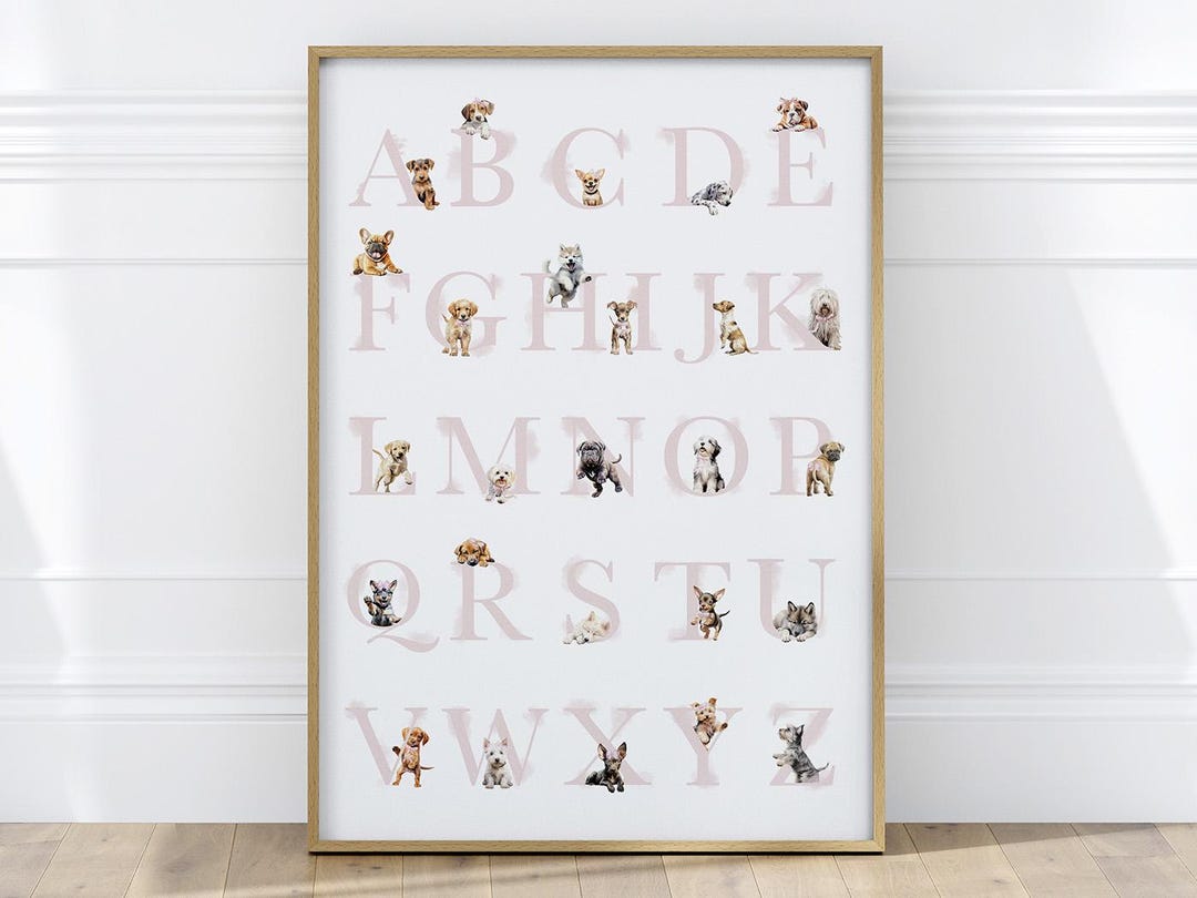 Dog ALPHABET POSTER With Puppies and Pastel Pink Bows | Puppy Nursery ...