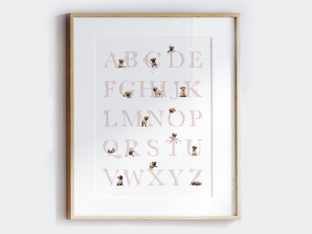 FAWN PUG Nursery Alphabet Poster. Puppy ABC Poster. Pug With Pink Bows ...