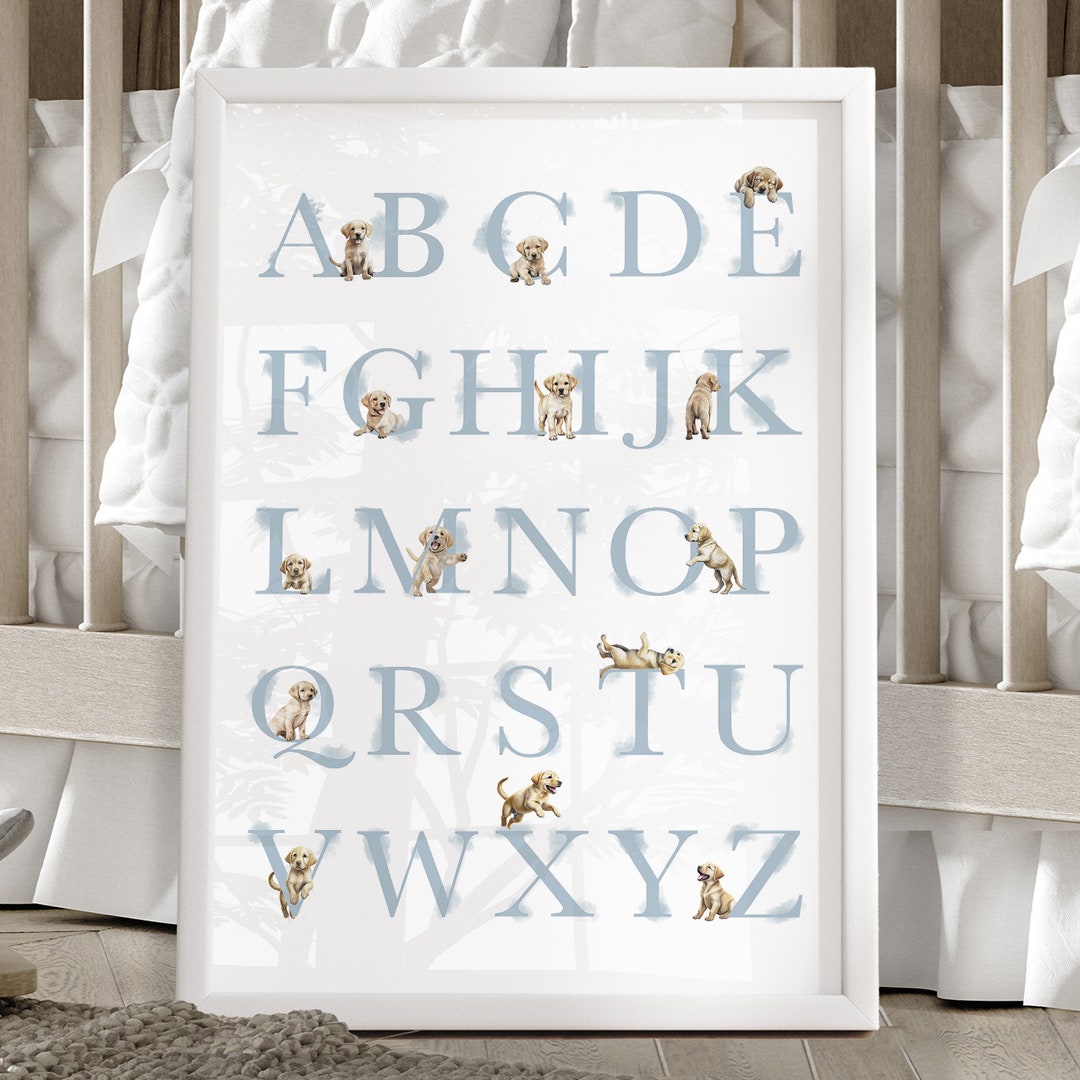 YELLOW LAB Nursery Wall Art: Labrador Alphabet Poster in Pastel Blue ...