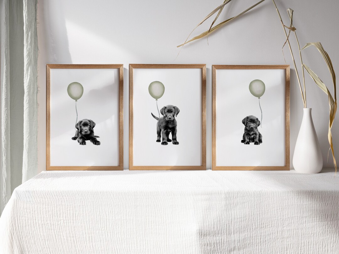 Set of 3 BLACK LABRADOR Nursery Prints, Black Lab Puppies With Sage ...