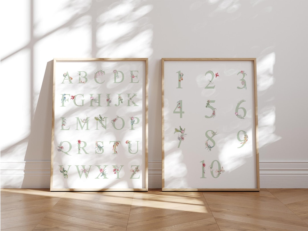 Floral Alphabet & Number Print Set of 2, Sage Green Wildflower Nursery ...