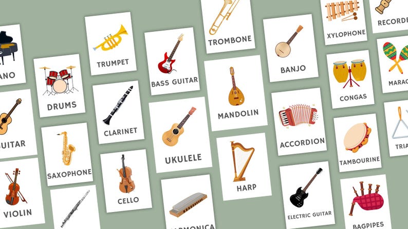 25 Musical Instruments Flashcards, Music, Learning, Calming Corner ...