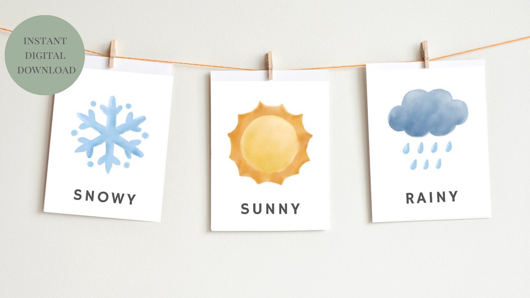 Weather Flashcards, Sunny, Rainbow, Rainy, Clouds, Montessori, Learning ...