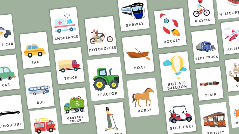 Transportation Flashcards, Vehicles, Cars, Trucks, Airplane, Boat ...