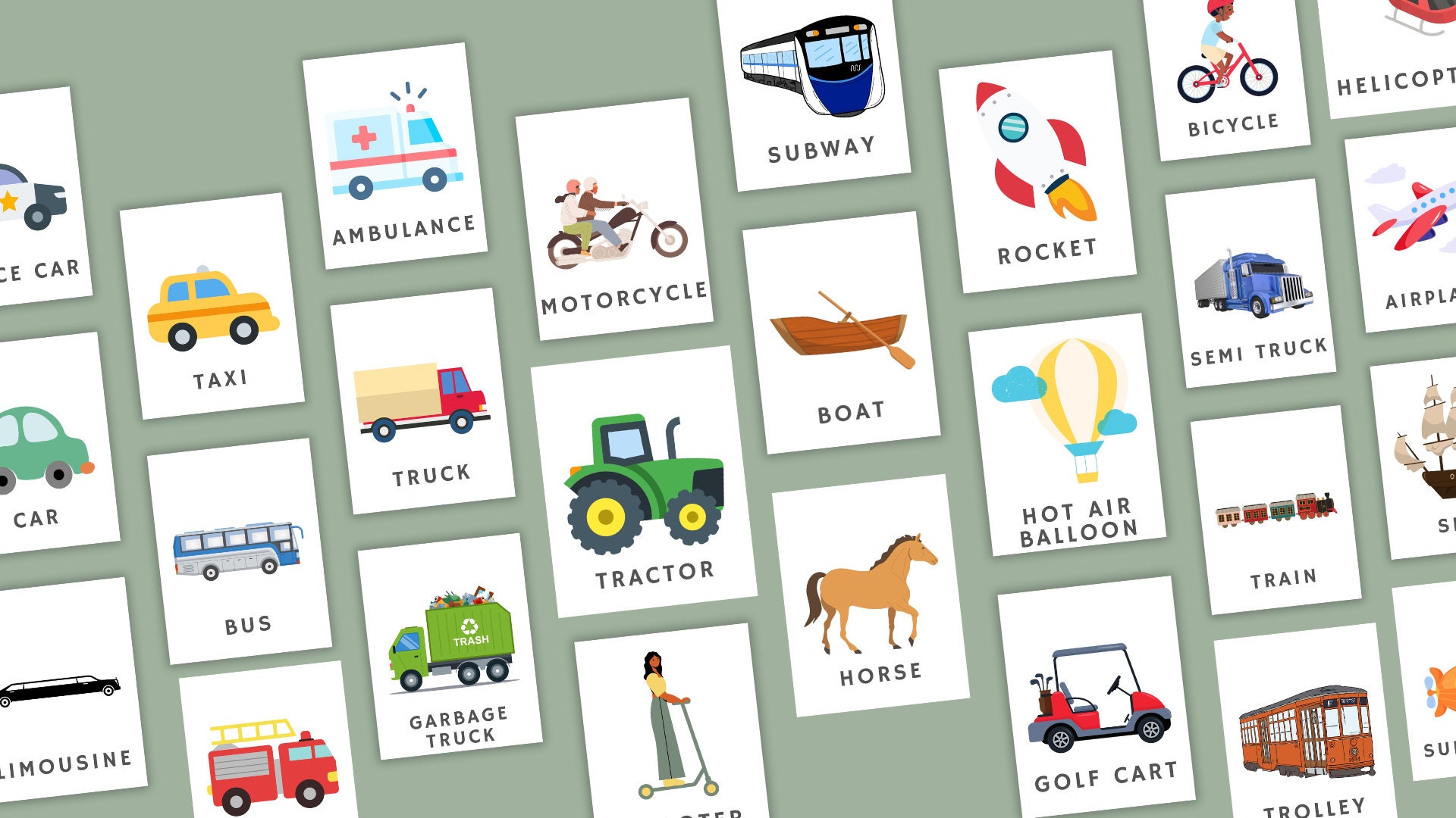Transportation Flashcards, Vehicles, Cars, Trucks, Airplane, Boat ...