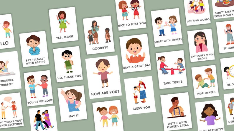 50 Manners, Etiquette Flash Cards, Learning, Montessori, Education ...