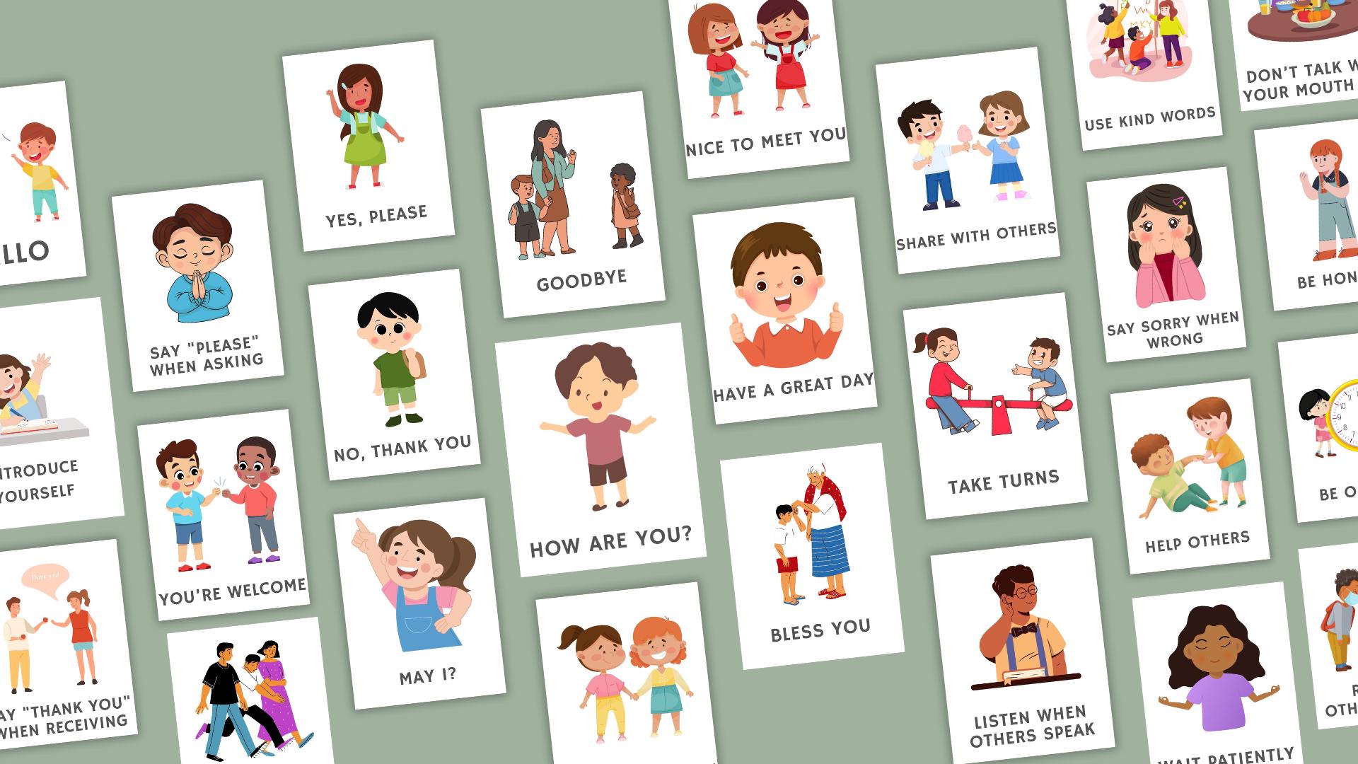 50 Manners, Etiquette Flash Cards, Learning, Montessori, Education ...