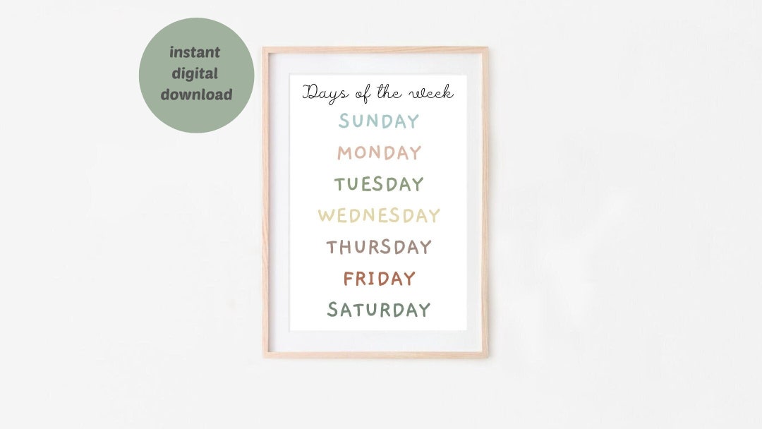 Days of the Week, Digital, Printables, Wall Art, Classroom, Children ...