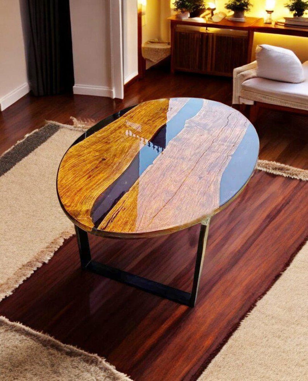 Custom Oval Epoxy River Dining Table: Handmade Wood and Resin Furniture ...