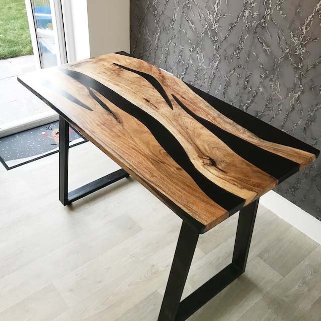 Black Acacia Wood Epoxy Resin Table, Dining/ Bar Top Table, Live Edge ...