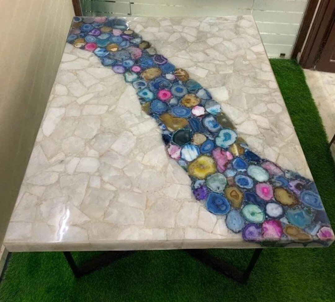 White Agate Stone Dining Table | Coffee Table Stone Top | Geode Table ...