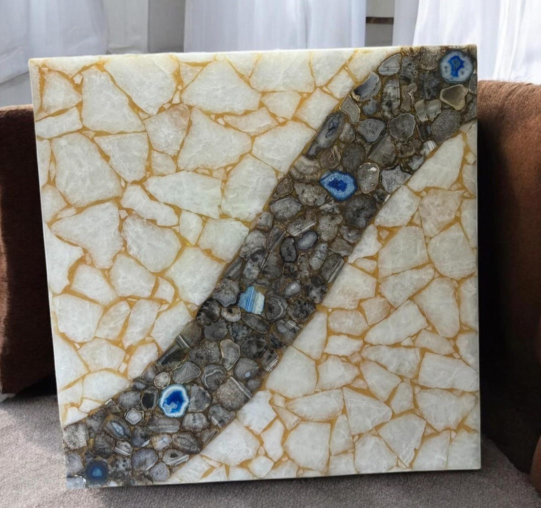 White Agate Table, Square Accent Table, Agate Drink Table, Crystal ...